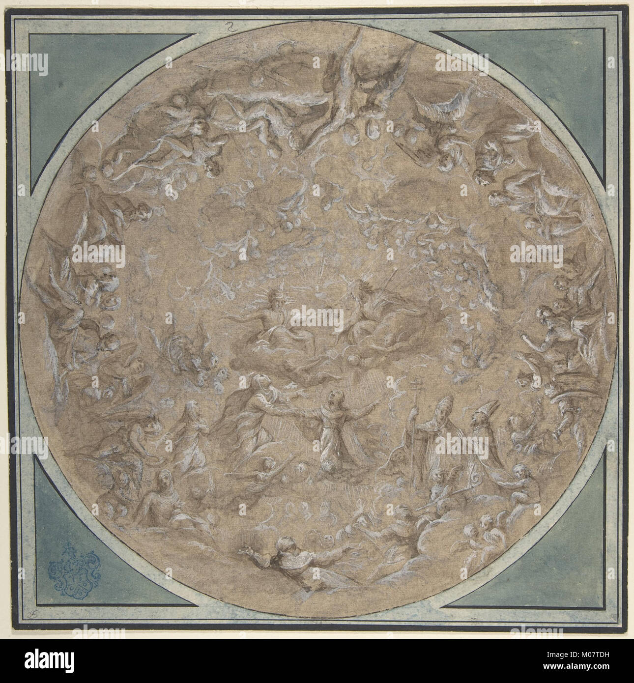 This study for a circular ceiling decoration depicts a monastic saint ...