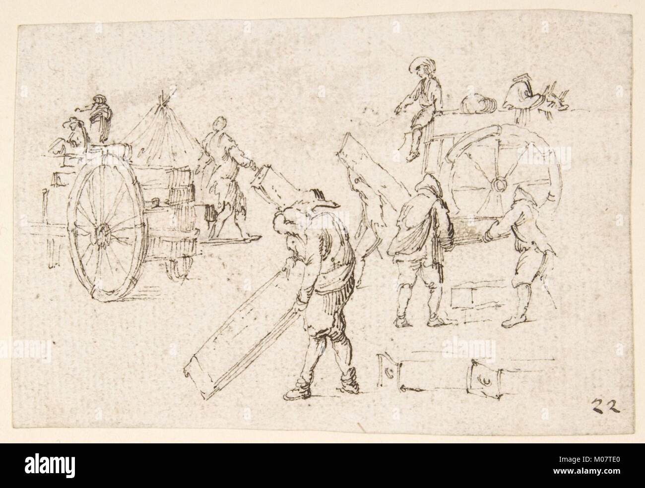 A depiction of men loading wagons, showcasing traditional labor and ...