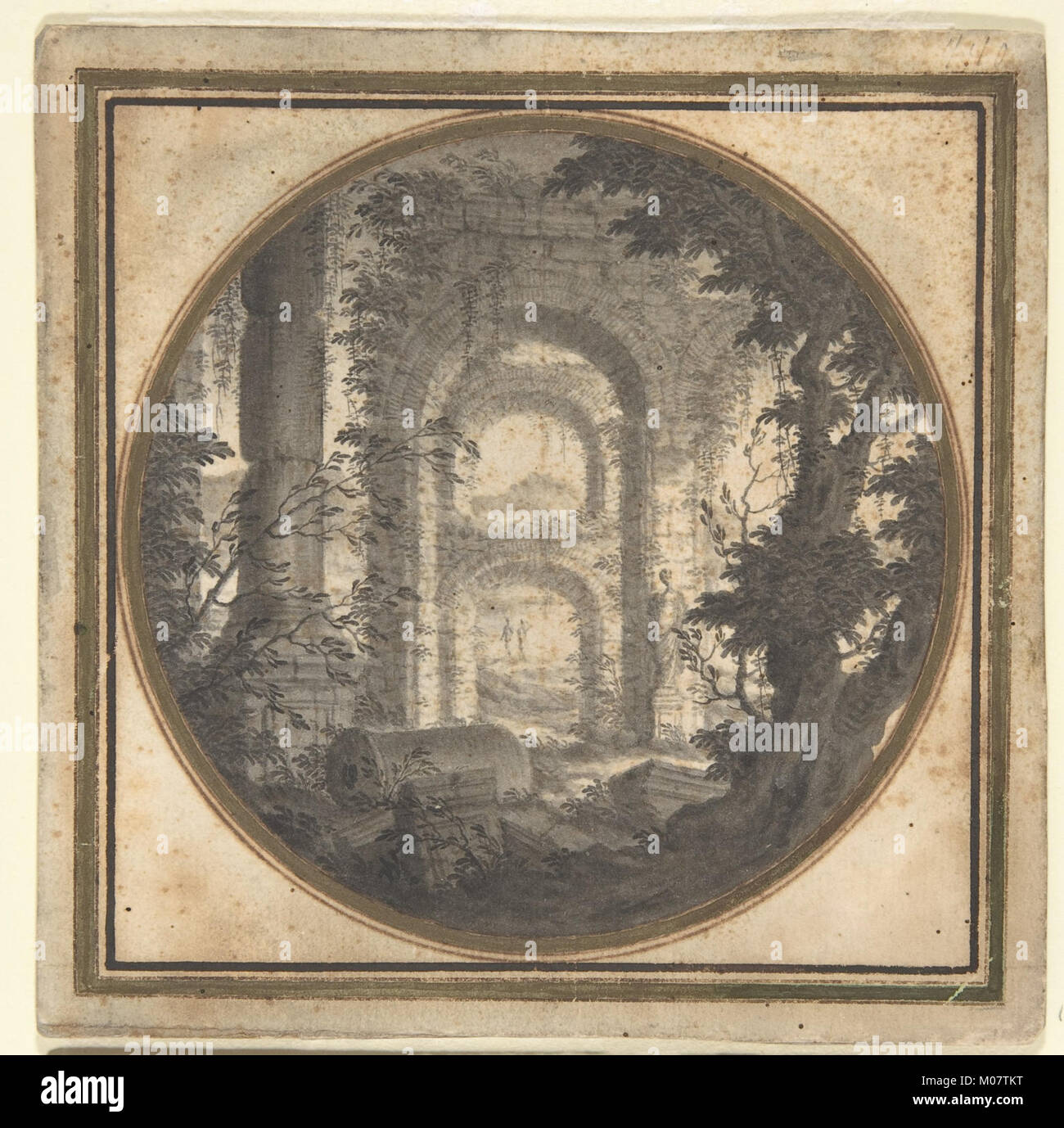 This painting features an imaginary landscape with classical ruins ...