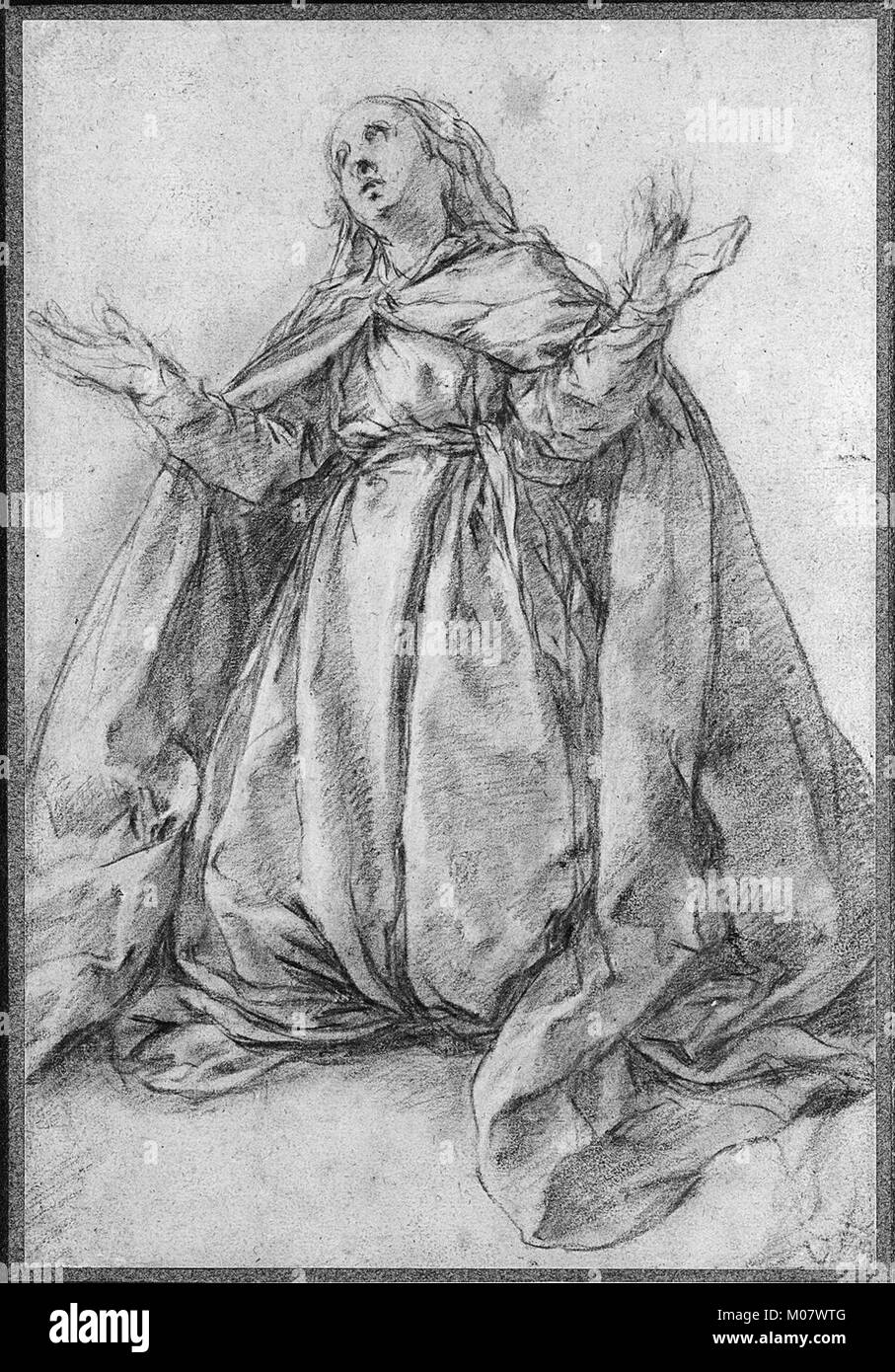 This sculpture portrays a kneeling female figure with upraised arms ...