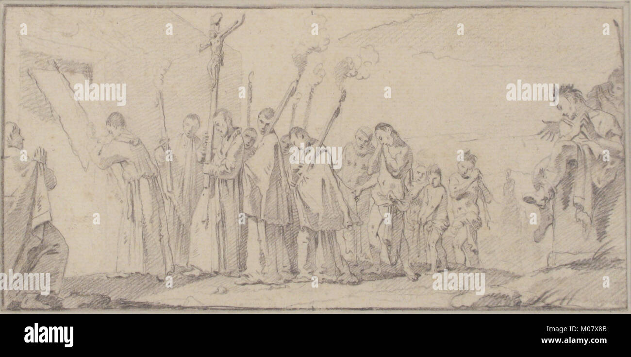 The illustration shows a religious procession with monks and ...