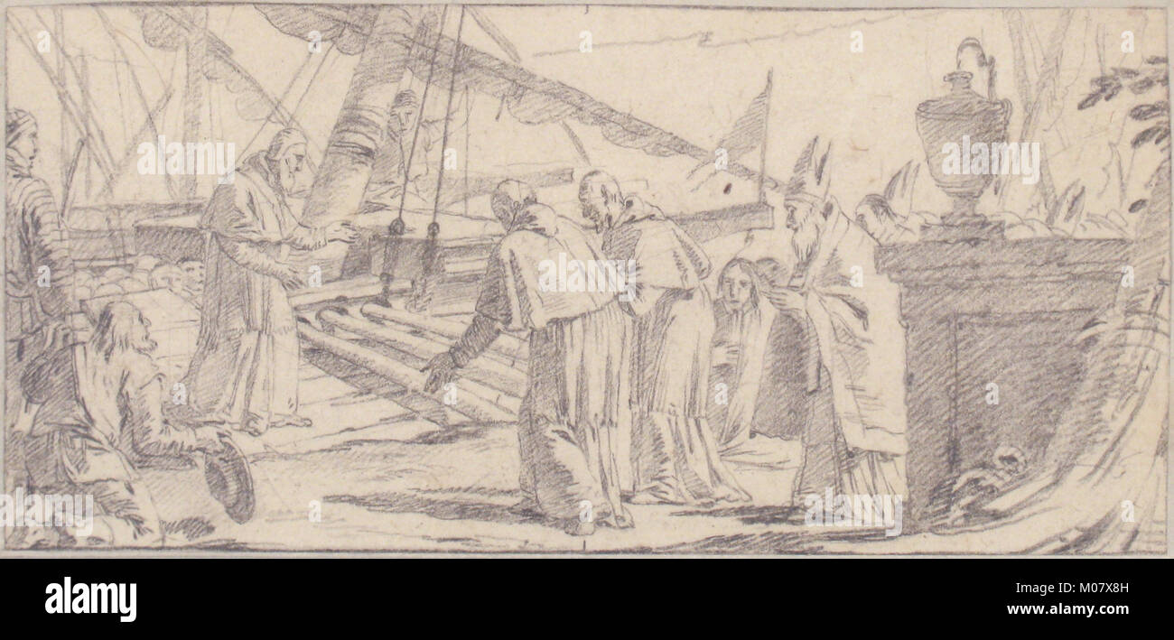 This illustration depicts bishops and monks being received at a ship by ...