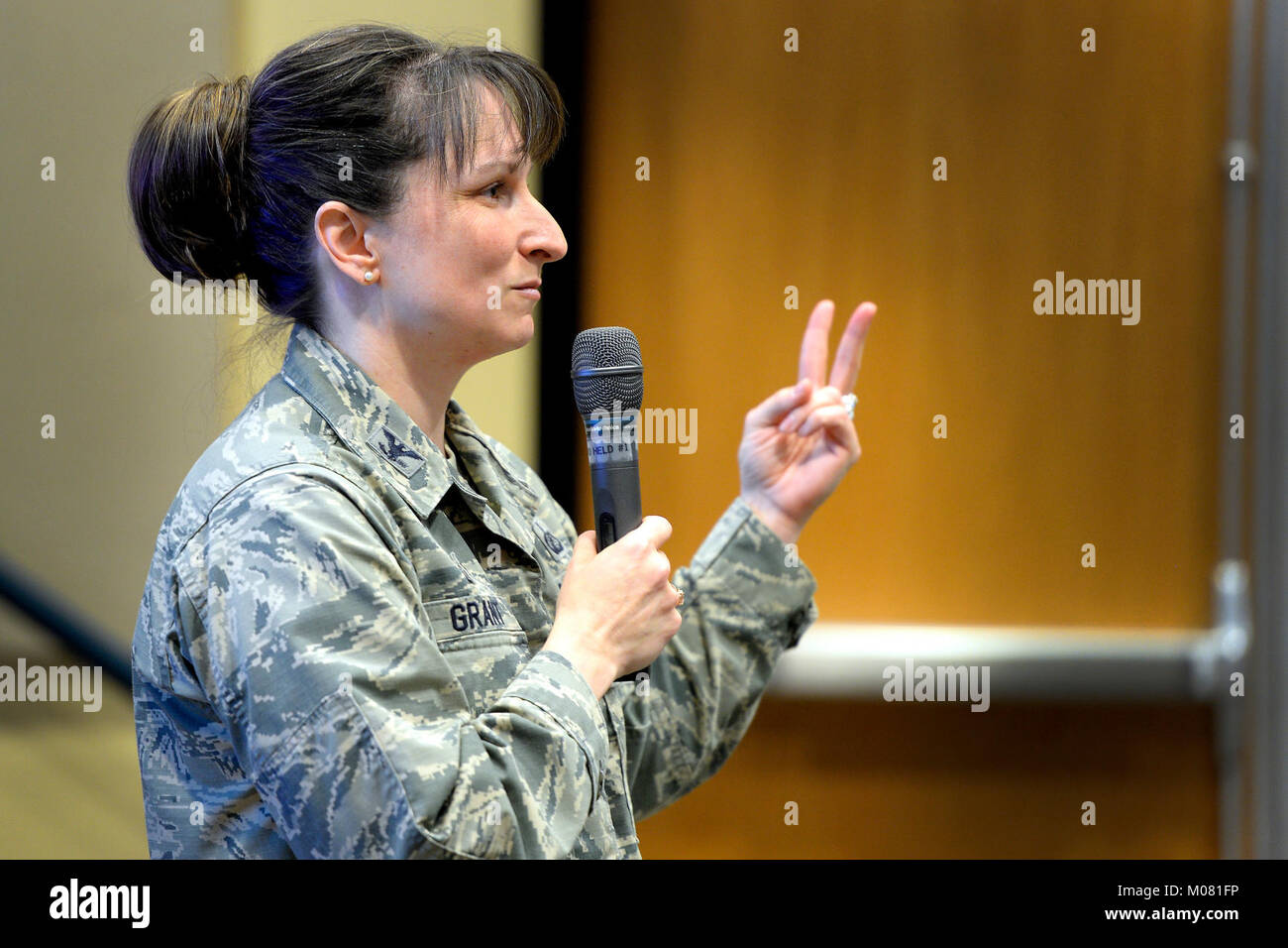 Col. Jennifer Grant, 50th Space Wing commander, speaks to Airmen during ...