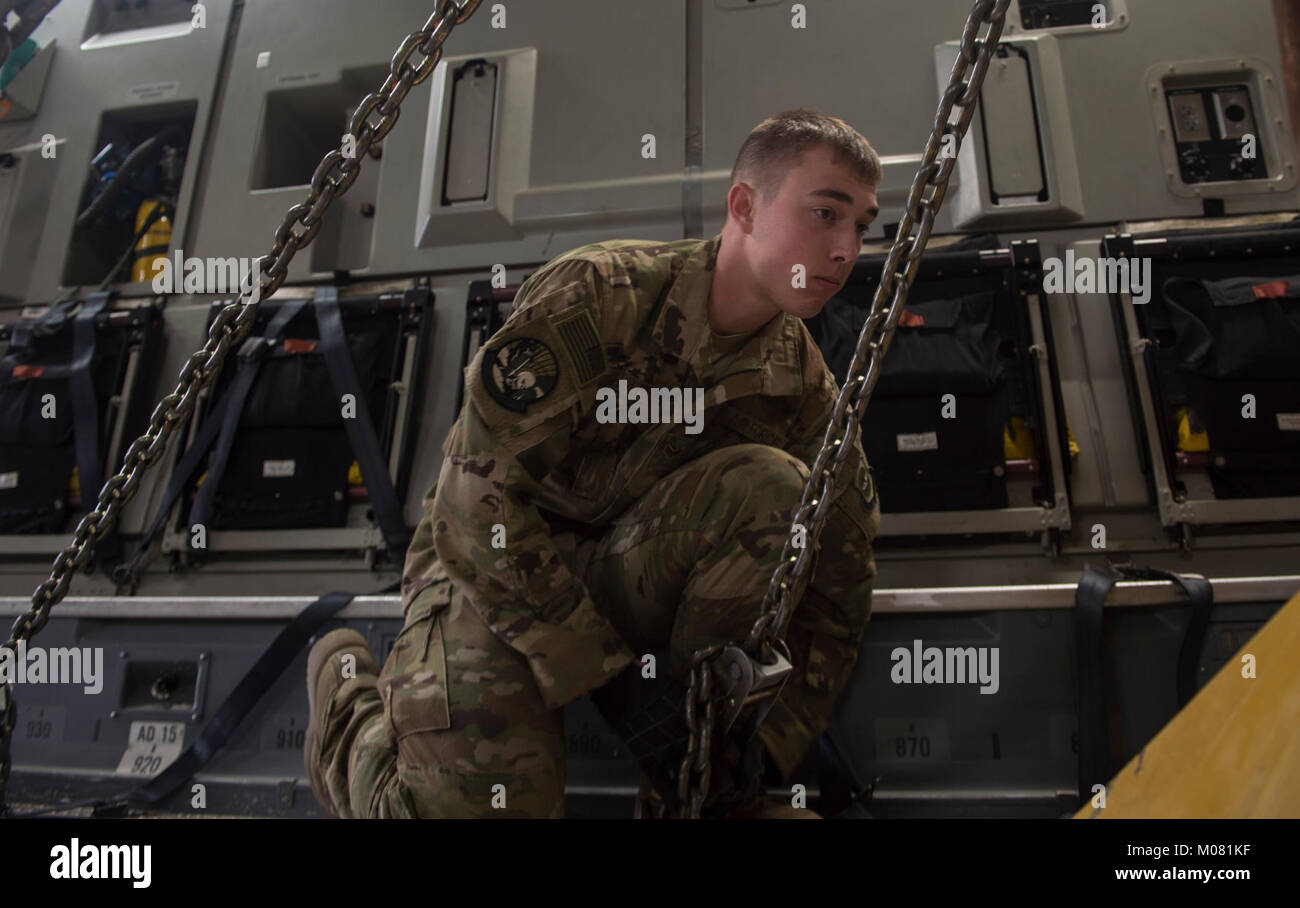 A U.S. Air Force C-17 Globemaster III loadmaster, assigned to the 816th ...