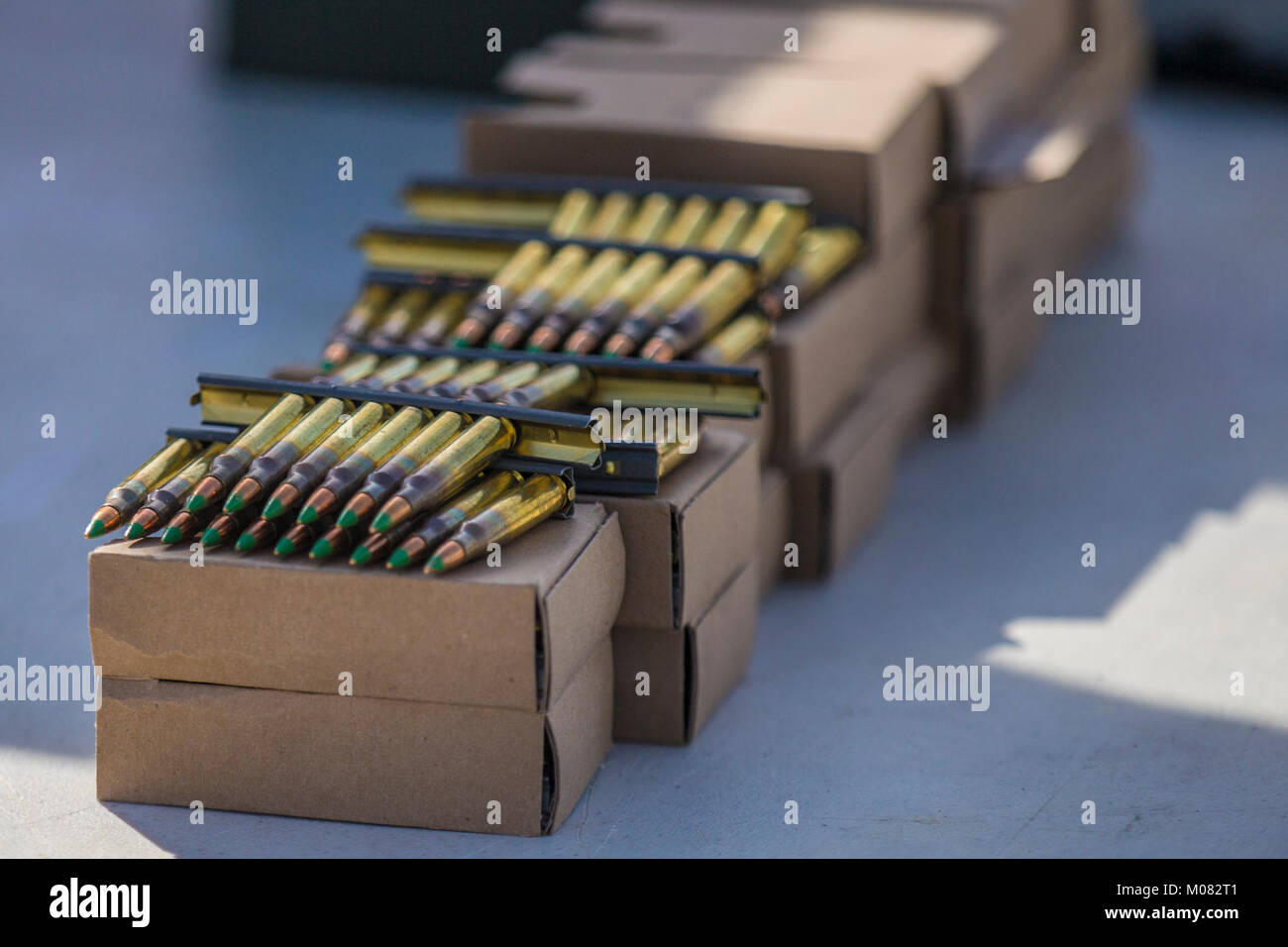 Ammunition for the M16A4 rifle are displayed during a weapons ...
