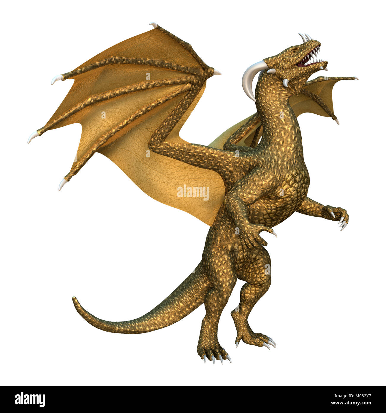 3D rendering of a golden fantasy dragon isolated on white background ...