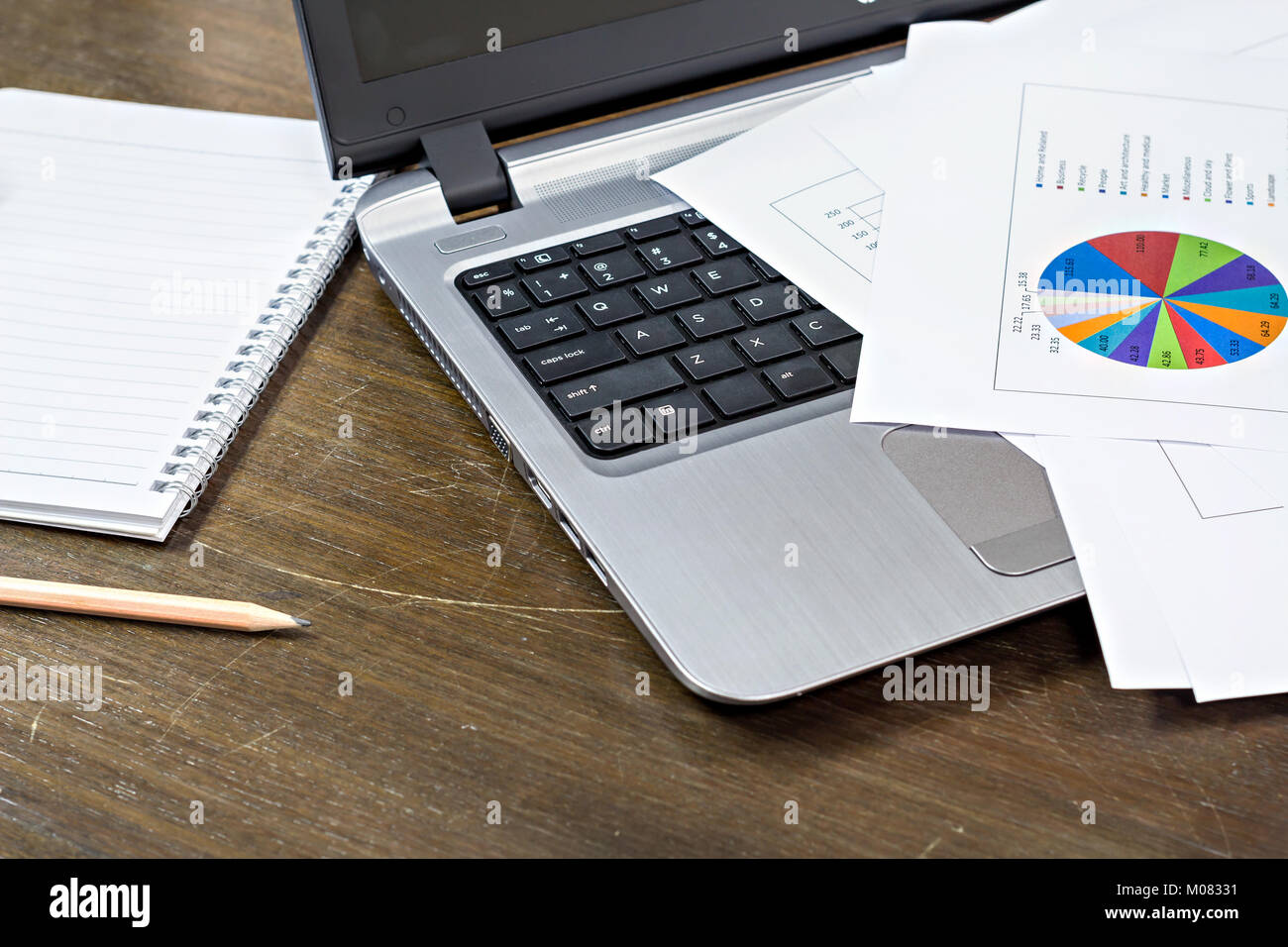 Laptop, pencil and report paper on vintage office wooden desk Stock ...
