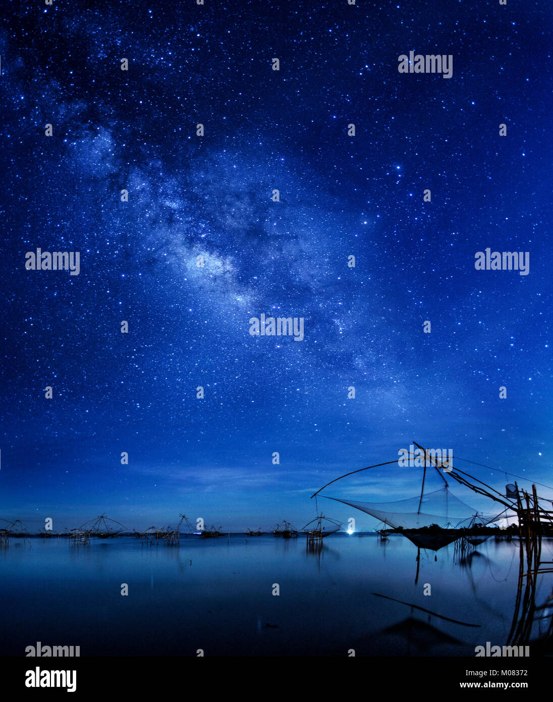 Dip fishing net and stars filled sky at night, Phatthalung, Thailand ...