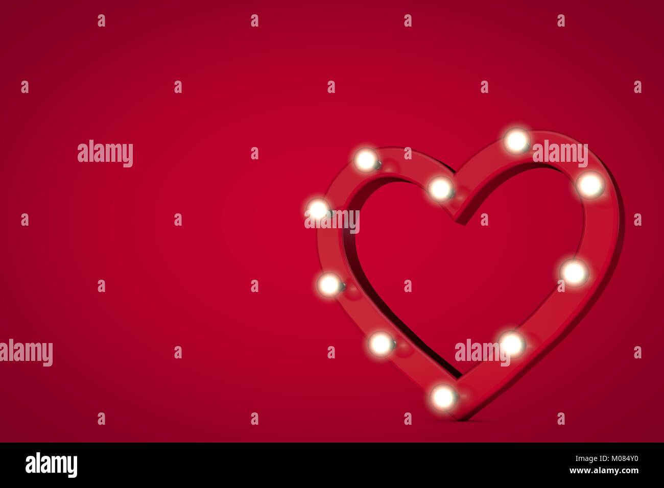 Red love heart shape with glowing lightbulbs around the edge. 3D ...