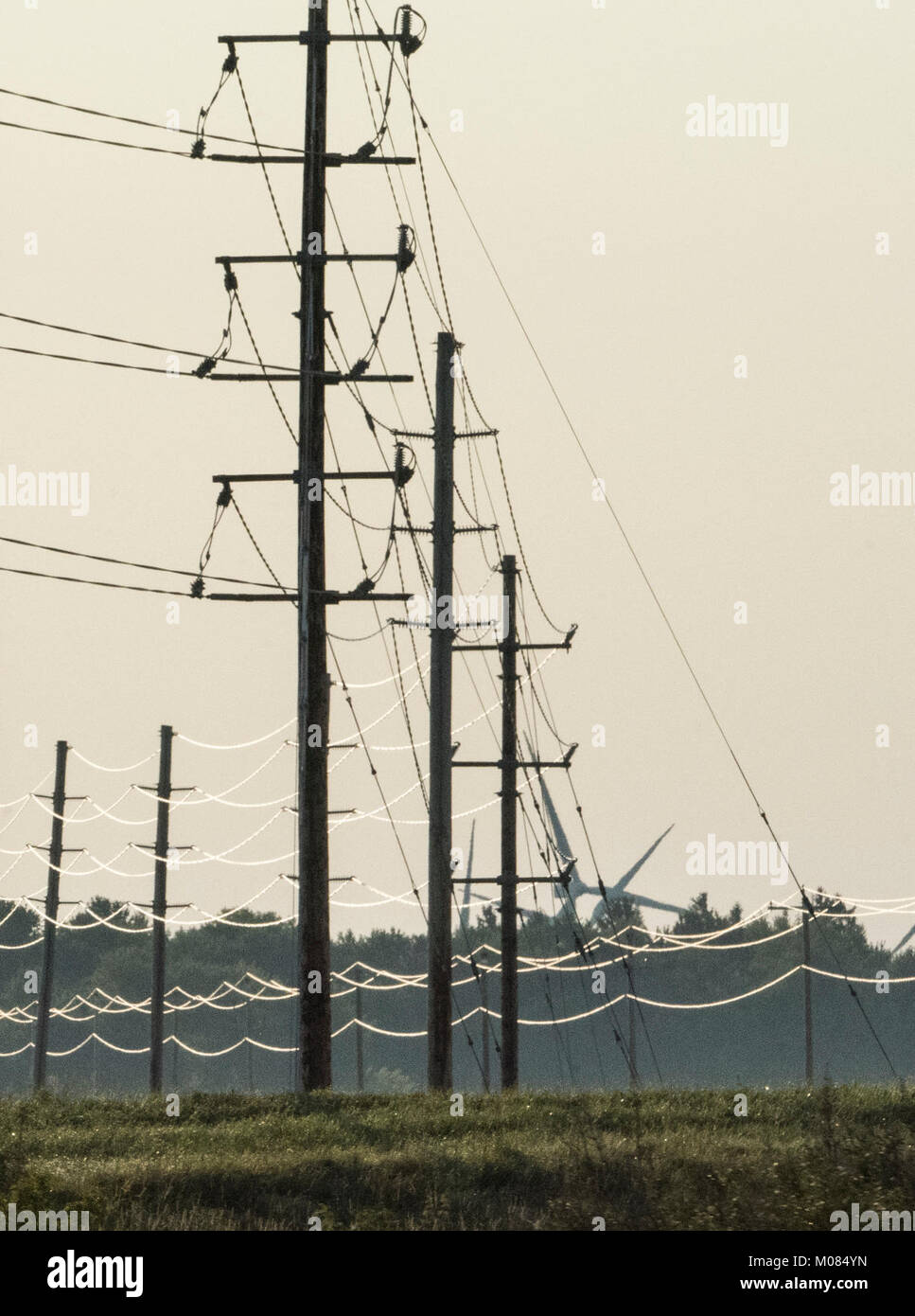 Wind turbines and electrical power poles with lines are seen from an ...