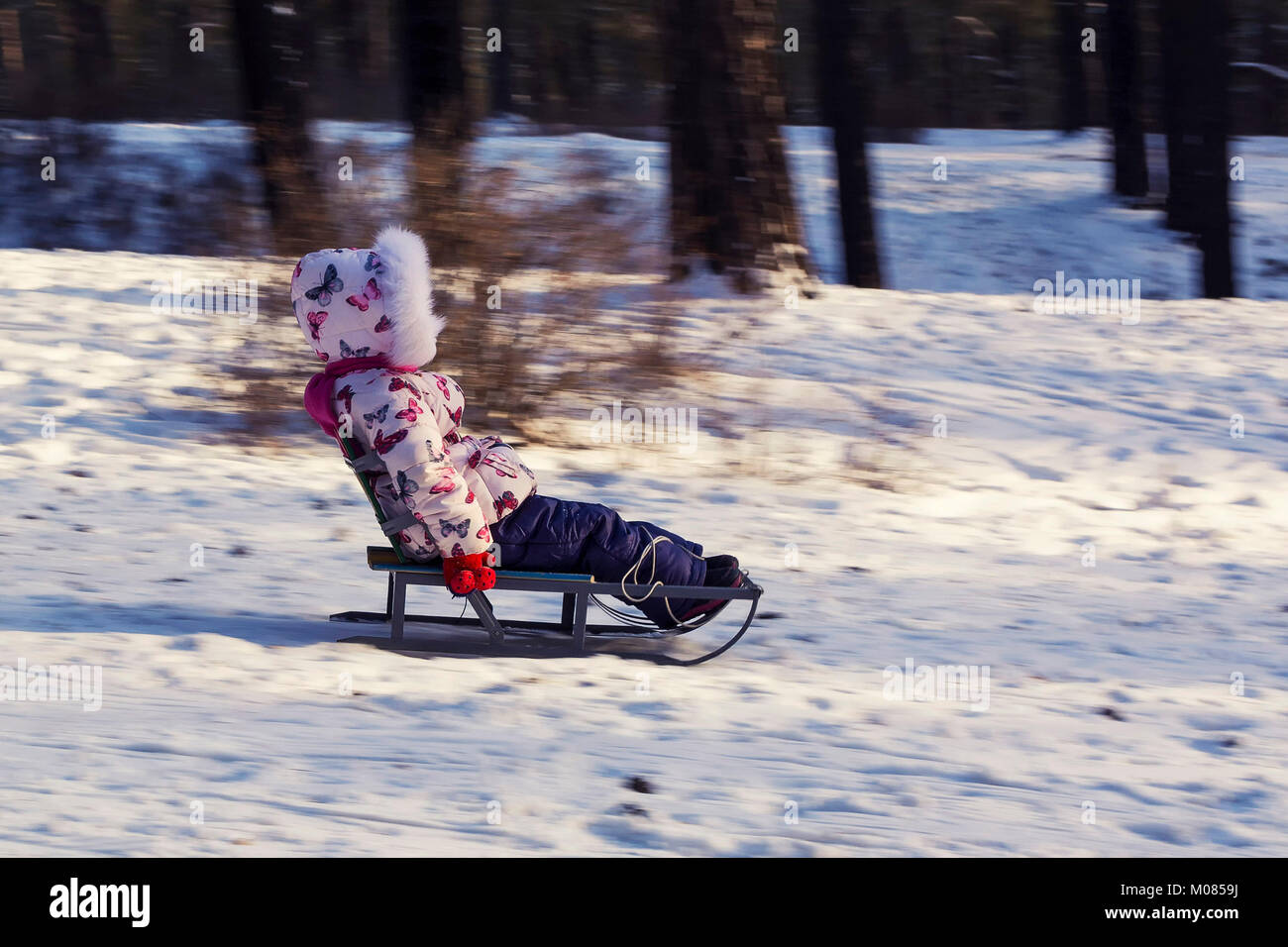 Baby on sleigh ride. Child sledding Stock Photo - Alamy
