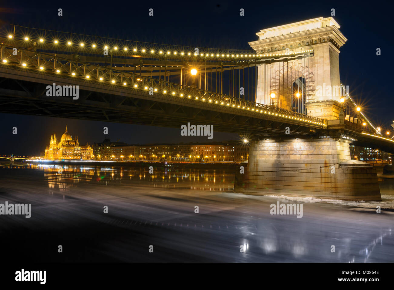 Szechenyi chain bridge in Budapest over pest riverfront with Parliament ...