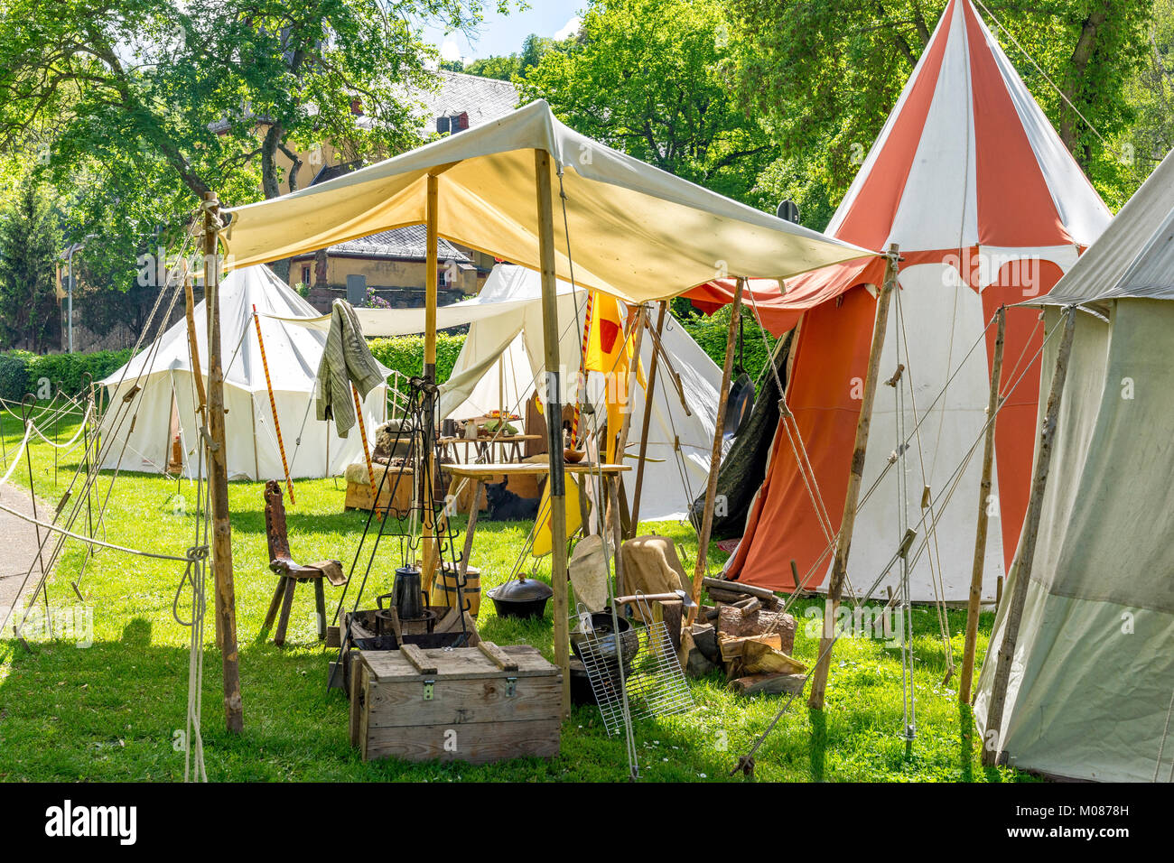 Knight camp at a Medieval spectacle in Bacharach city Germany Stock ...