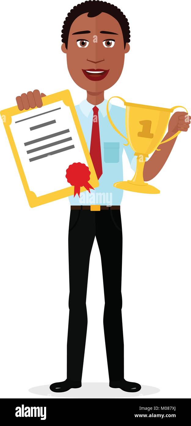 Excited smiling cartoon male raising up trophy medal certificate ...