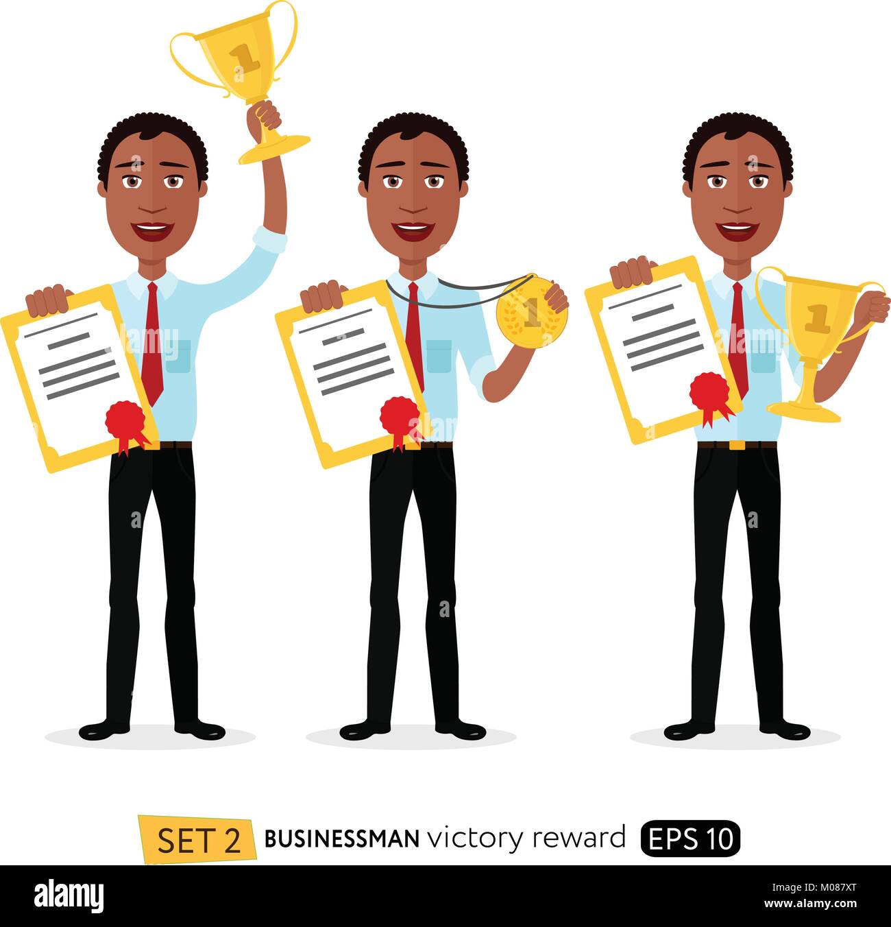 African excited smiling cartoon man raising up trophy medal certificate ...