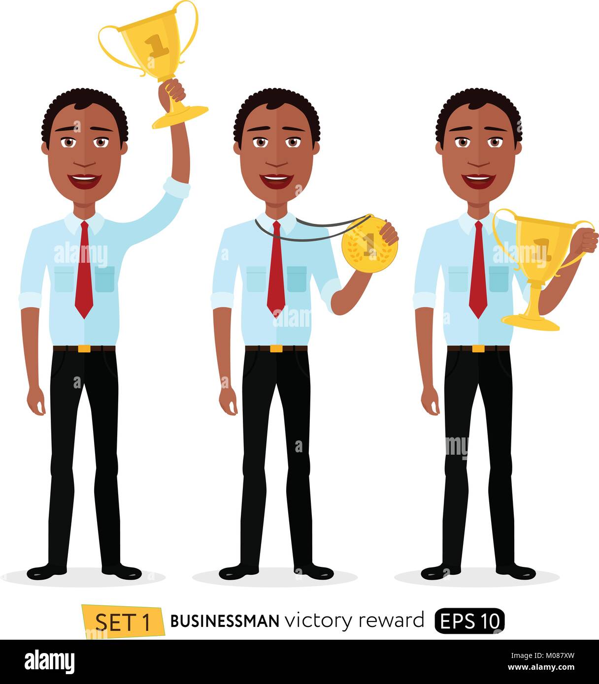 African business man winner success excited smiling male raising trophy ...