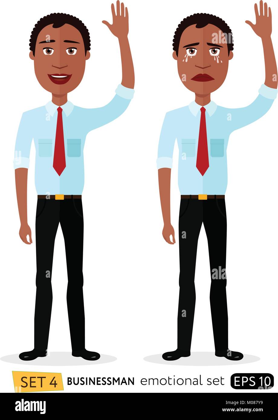 Set of emotions for african american business man waving hand goodbye ...
