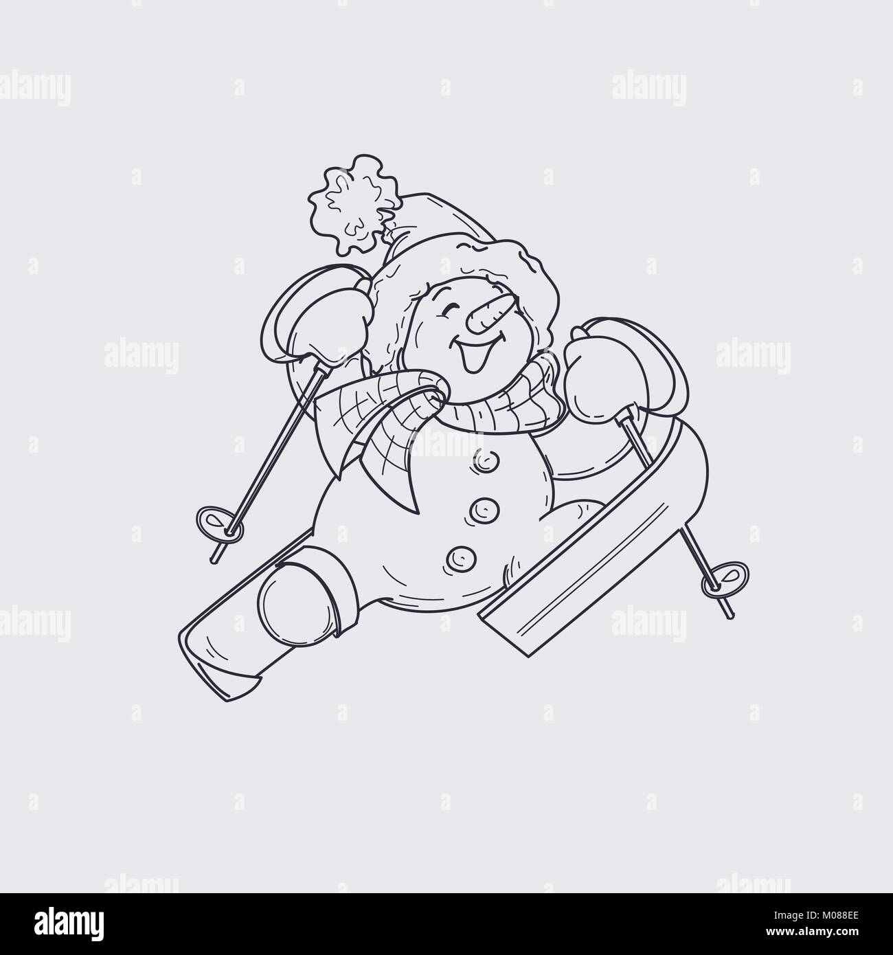 Cute smiling snowman in ski, happily jumping up to the sky Stock Vector ...