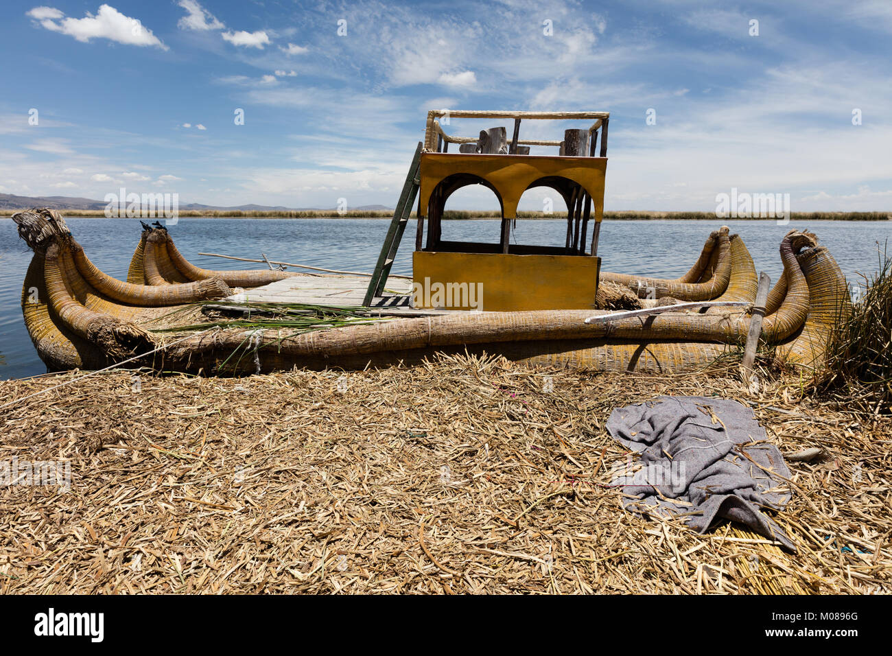 Traditional reed boat (totora) in the Uros Islands, Titicaca Lake or ...