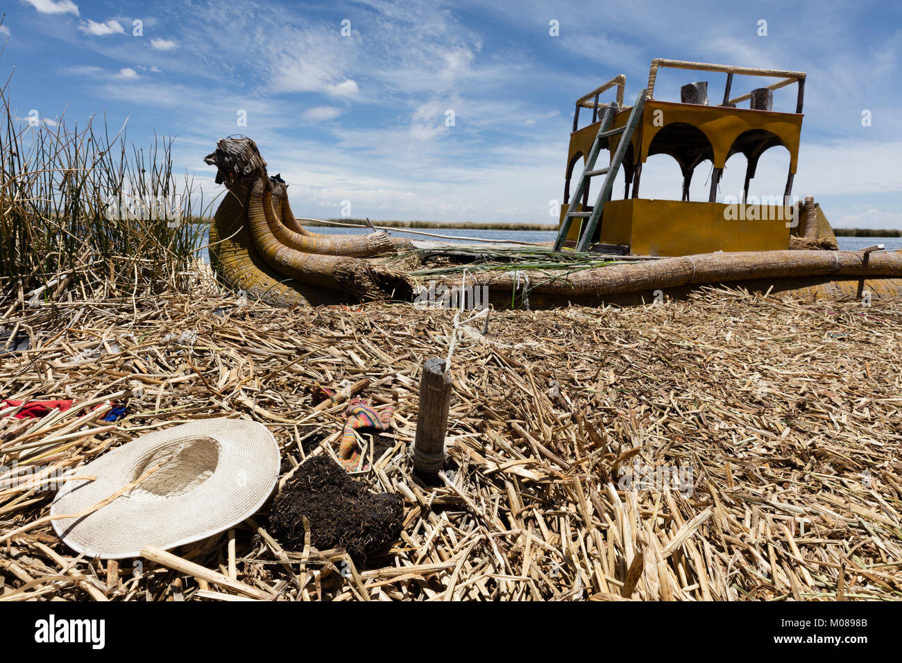 Traditional reed boat (totora) in the Uros Islands, Titicaca Lake or ...