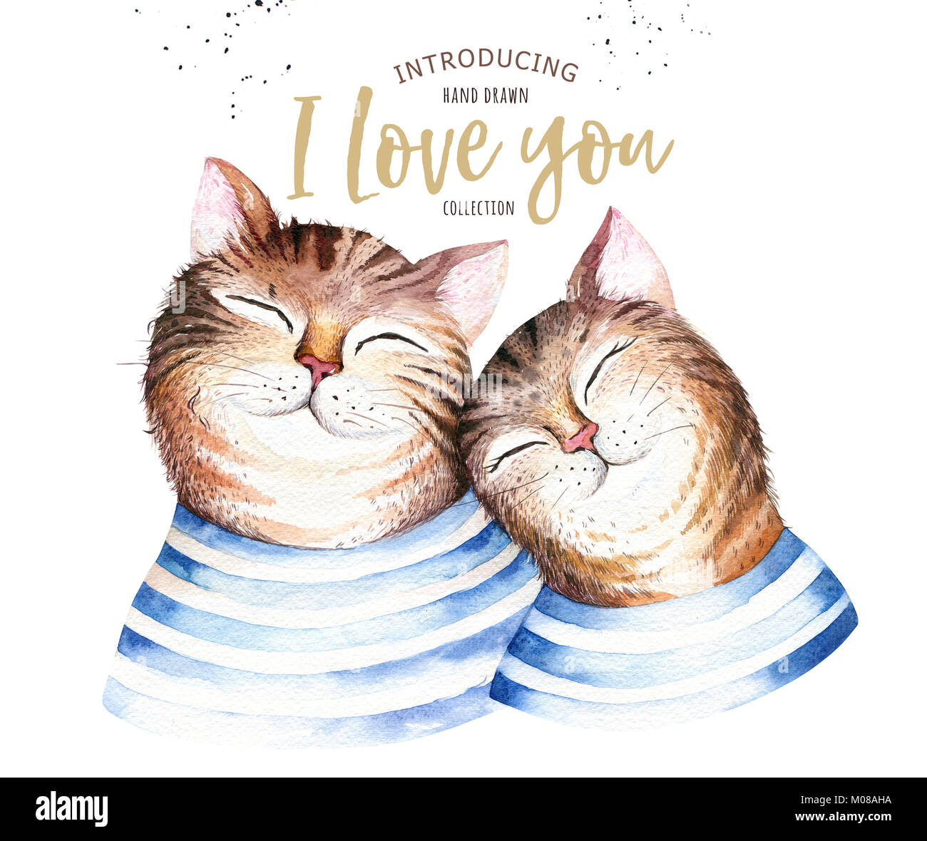 Watercolor cute isolated cat ilustration. Love cartoon cats character ...