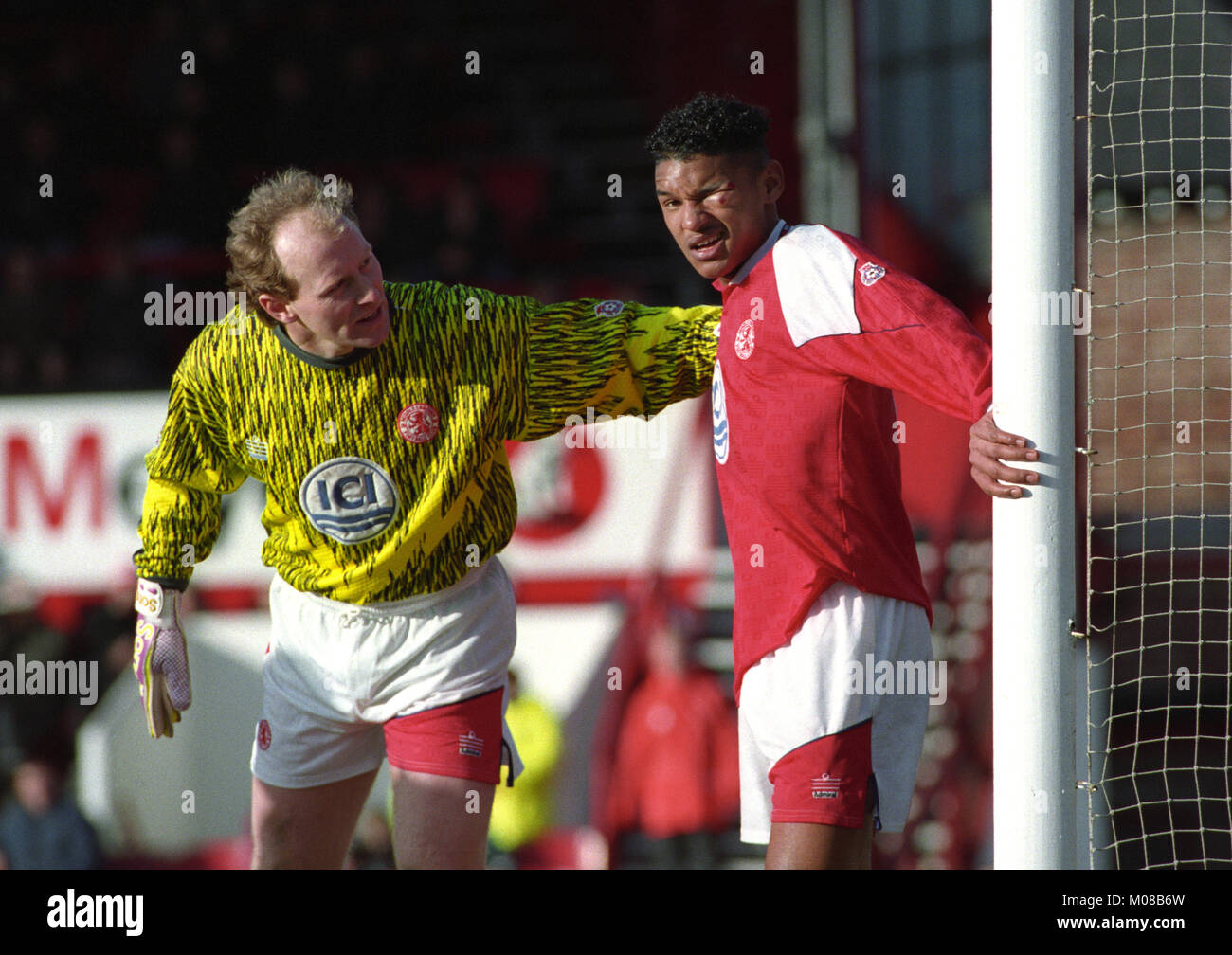 Middlesbrough Goalkeeper Stephen Pears checking the head injury to ...