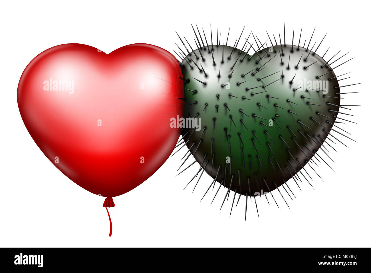 Red glossy heart and green spiked heart as a symbol of unbreakable love ...
