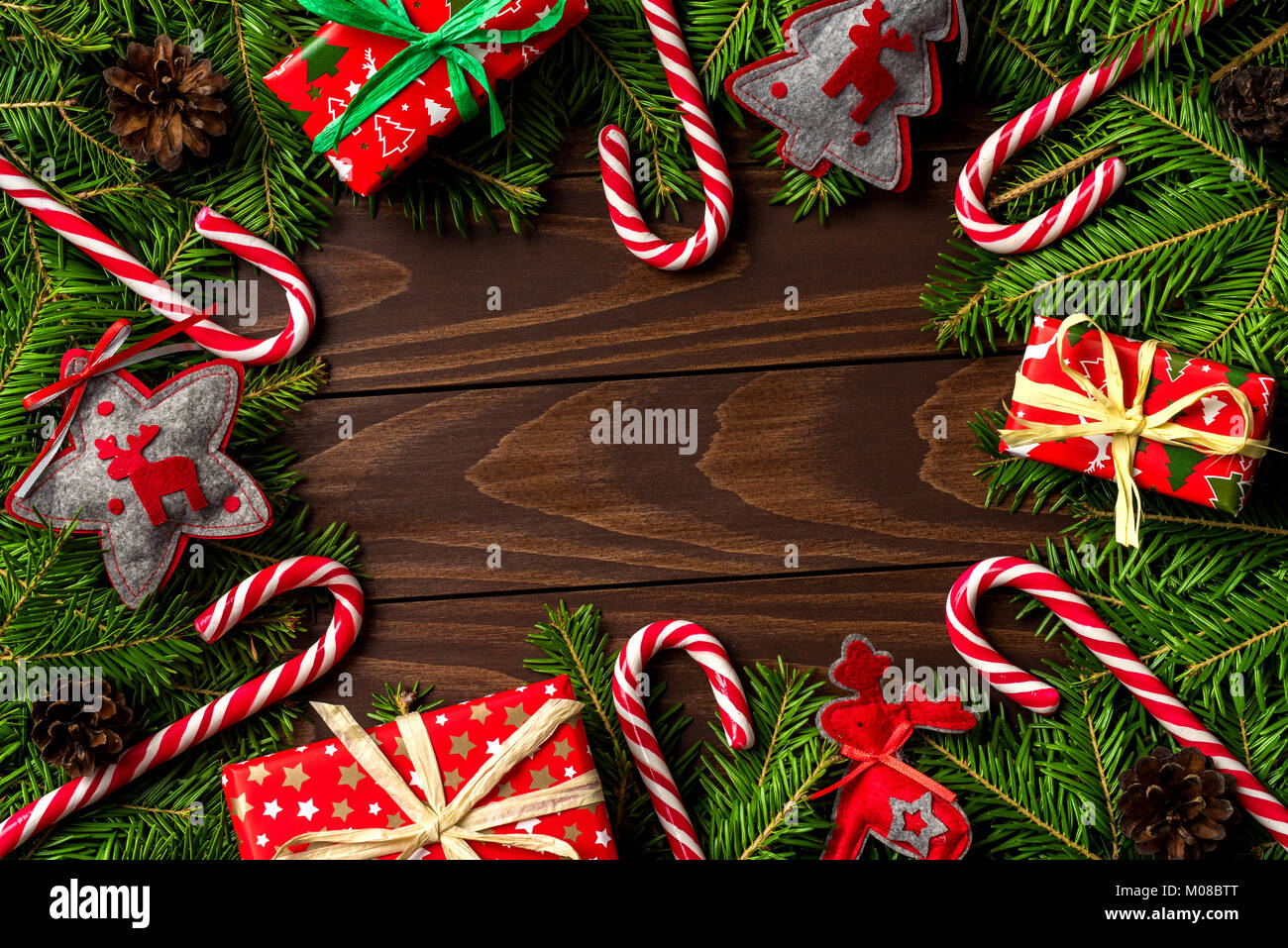 Christmas background with colorful gift boxes and decorations Stock ...