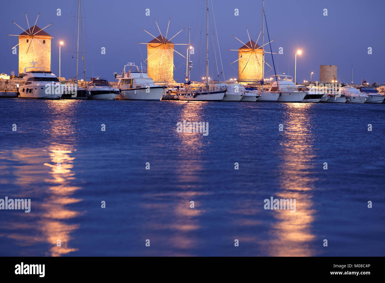 Rhodes, Greece - October 10, 2017: Night view to windmills of Mandraki ...