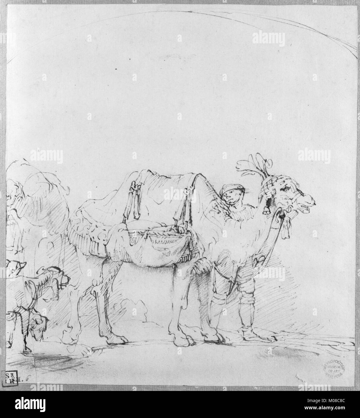 An artwork showing a man leading a camel, illustrating historical human ...