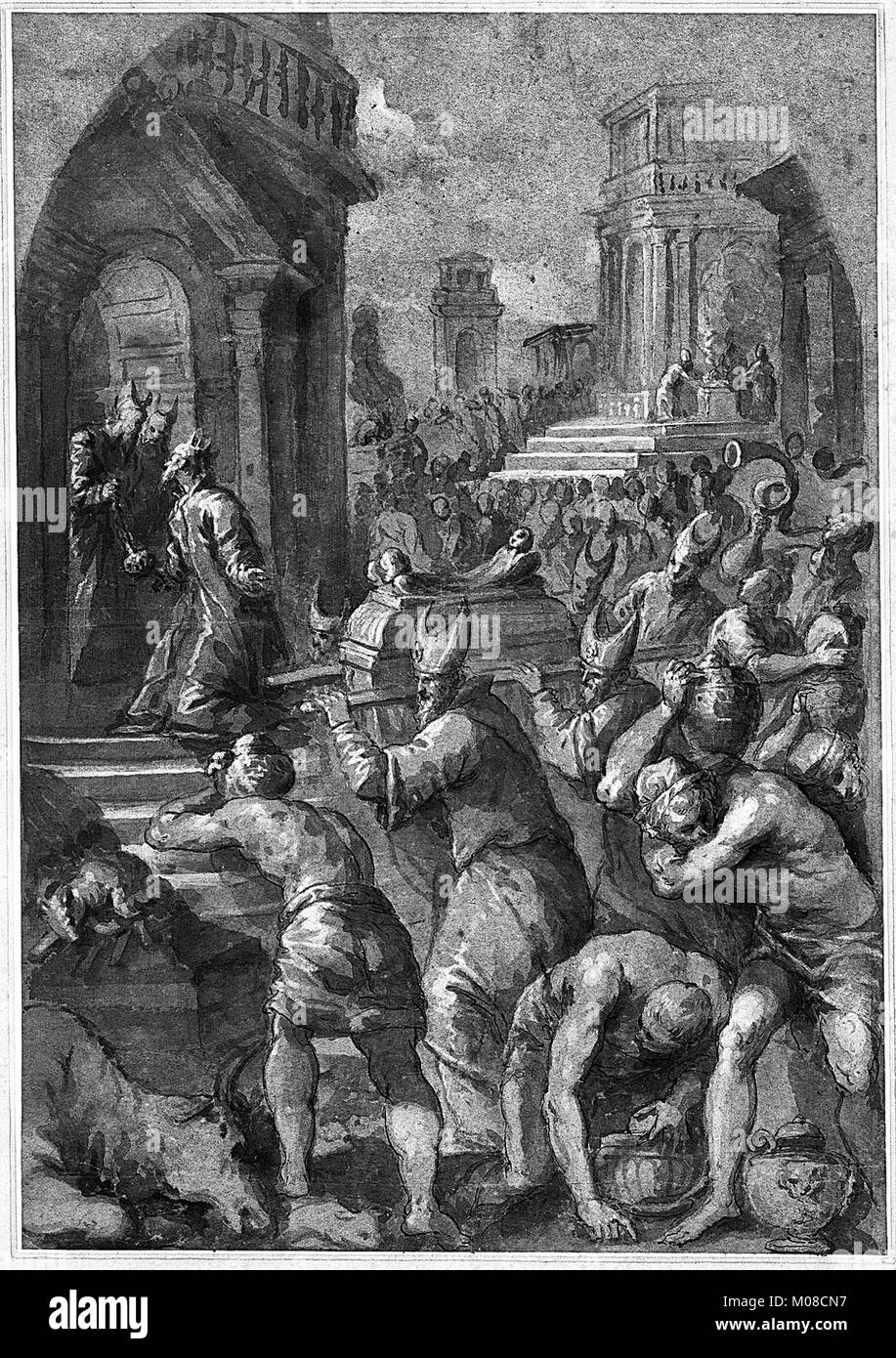 This artwork illustrates King Solomon observing the Ark of the Covenant ...