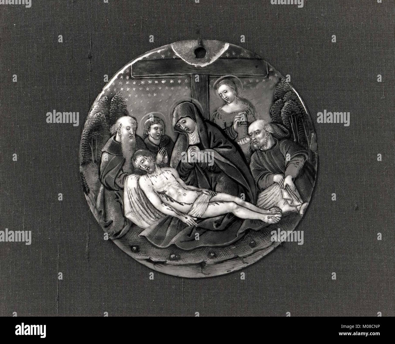 This artwork portrays the biblical scene of the Lamentation, capturing ...