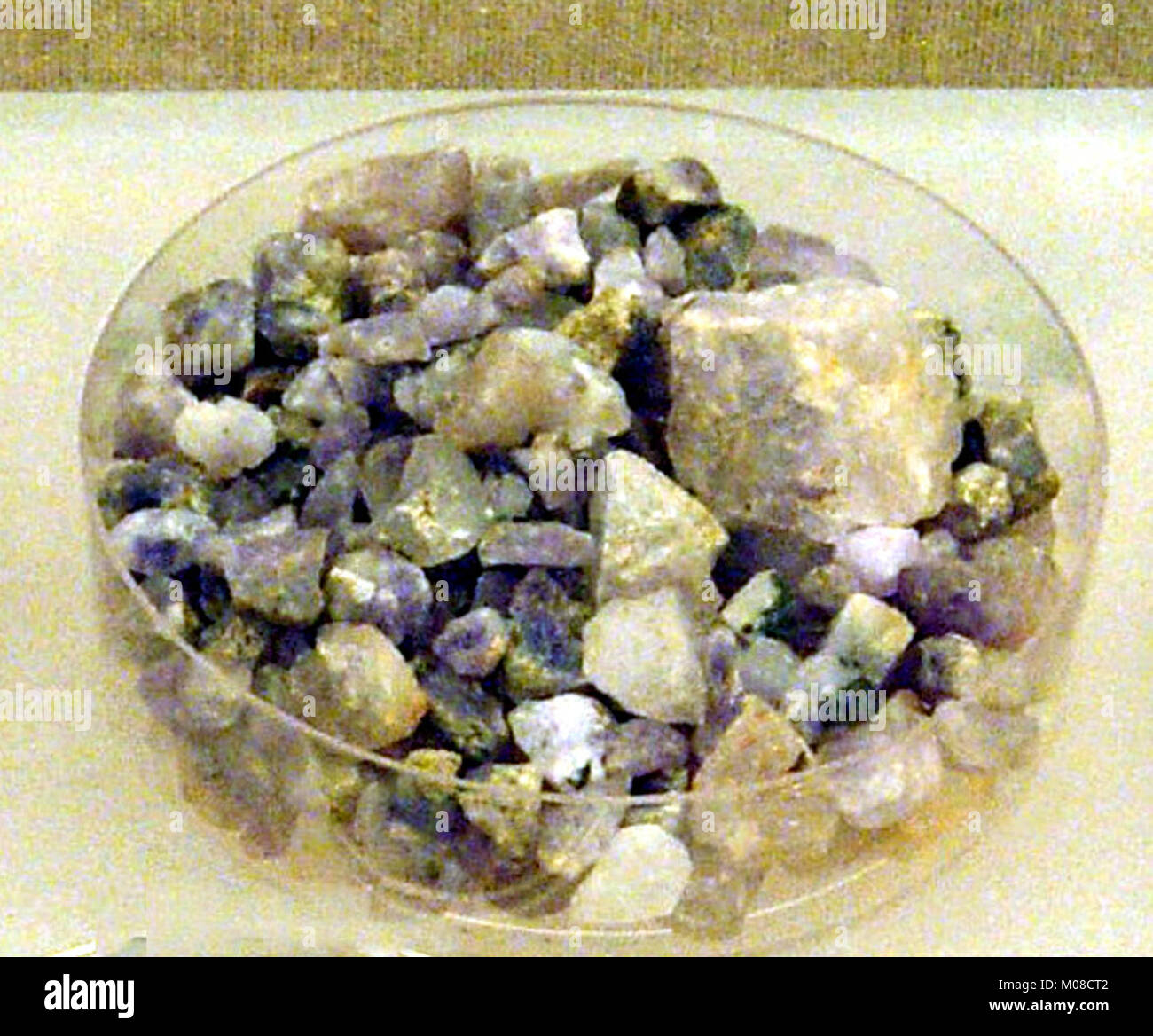 A large tray containing amethyst fragments, reflecting the natural ...