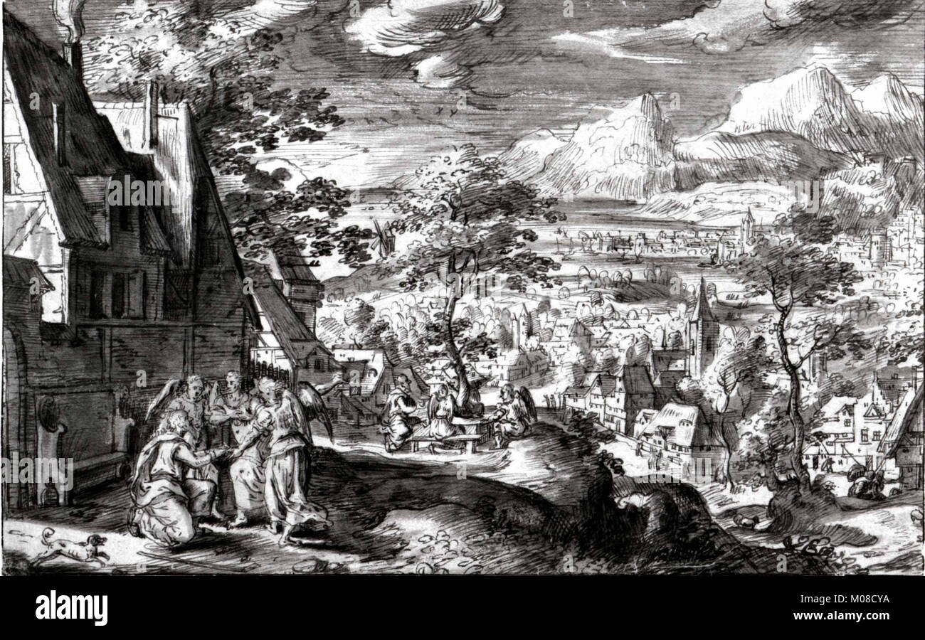 This painting titled 'Landscape with Abraham and the Angels' depicts ...