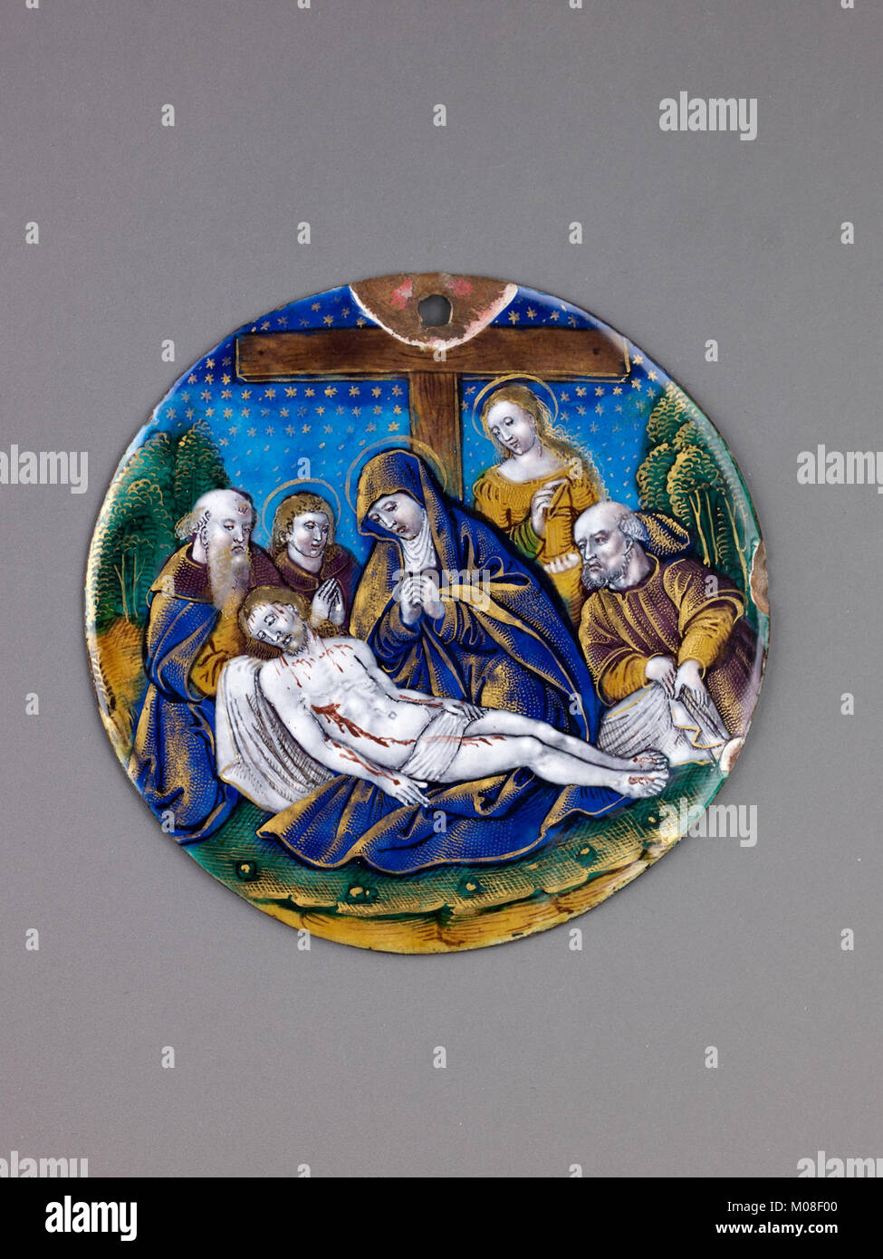 The painting titled 'Lamentation' depicts a religious scene of mourning, capturing the emotional ...