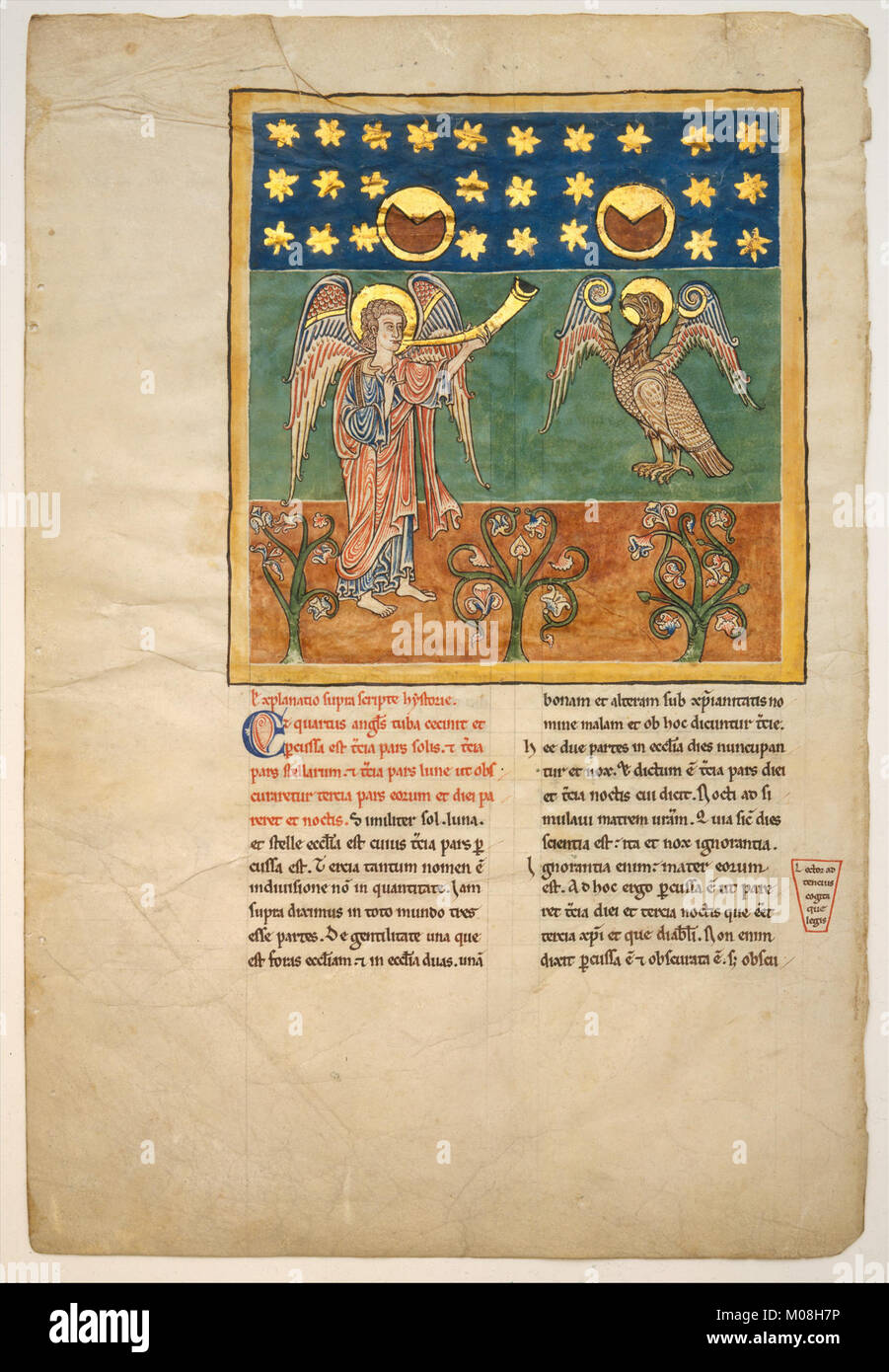 This leaf from a Beatus manuscript depicts the Fourth Angel sounding ...