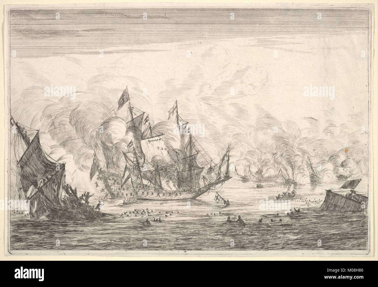 This plate shows a naval battle with an English ship sinking ...