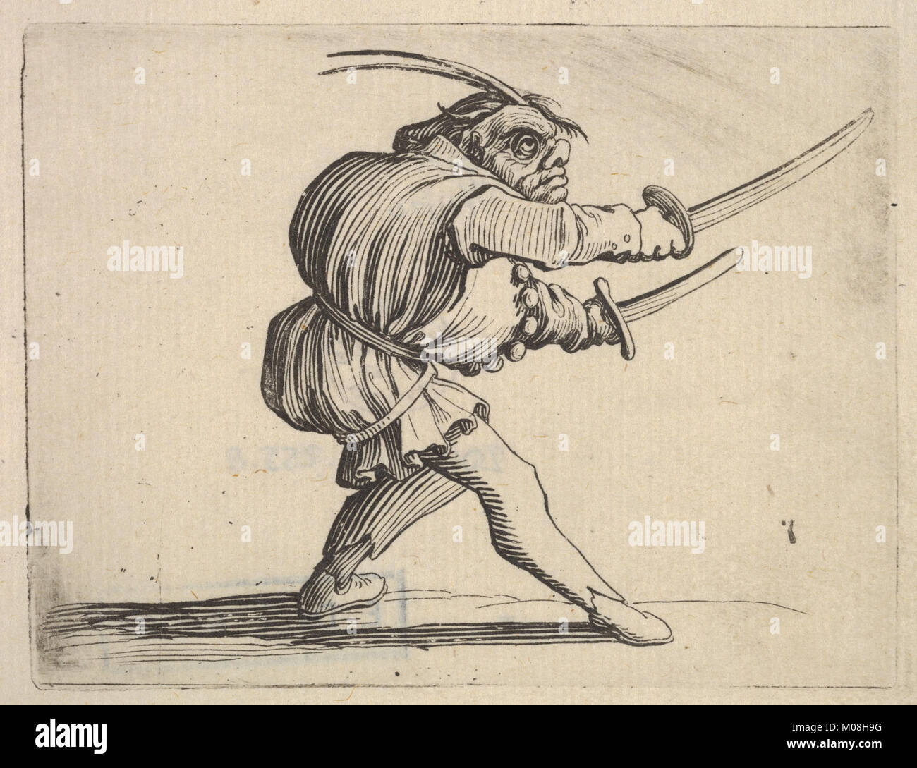 This small masked figure, depicted in profile with a sword in both ...
