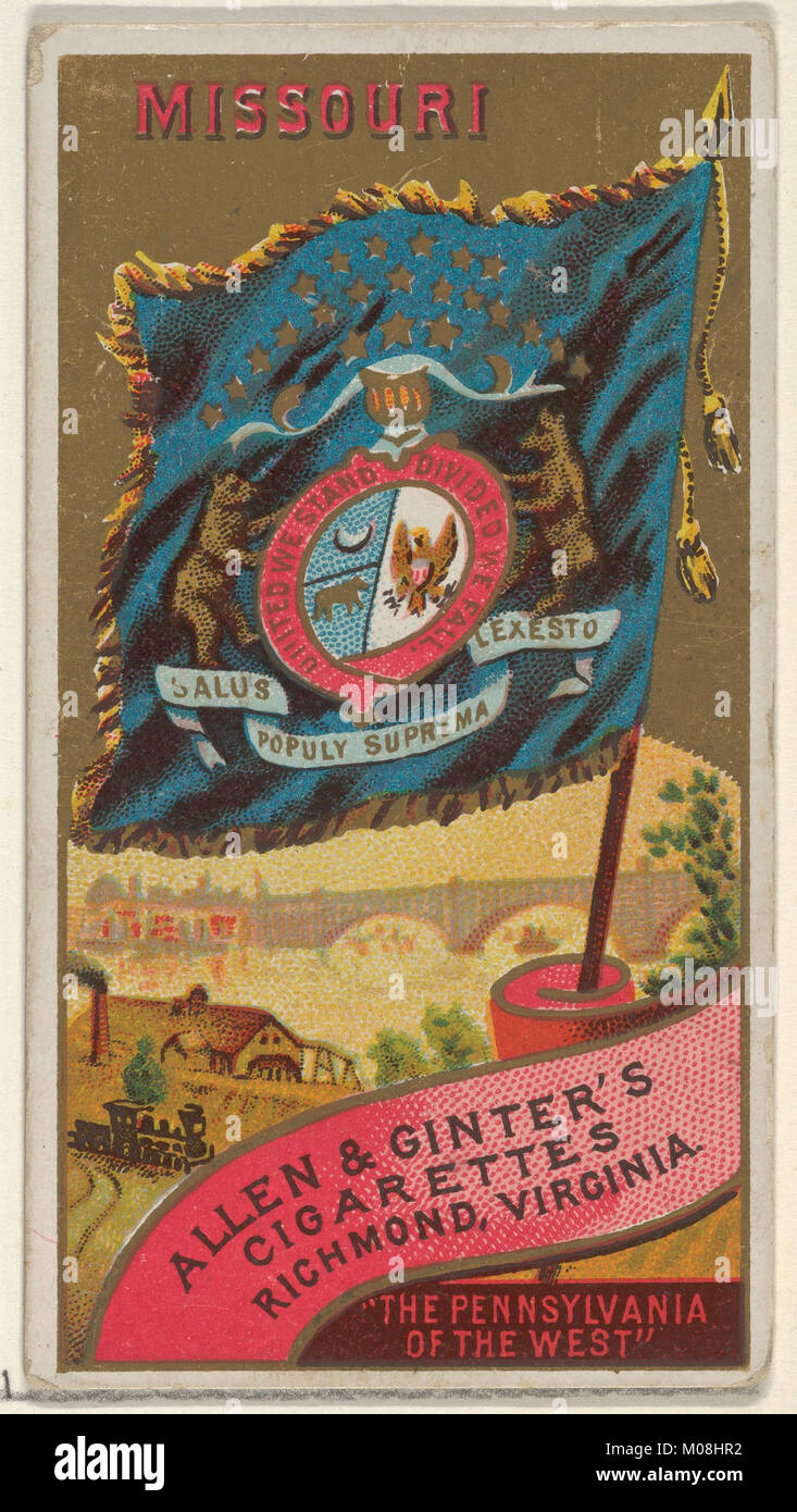 This card depicts the Missouri state flag, showing its symbols and ...