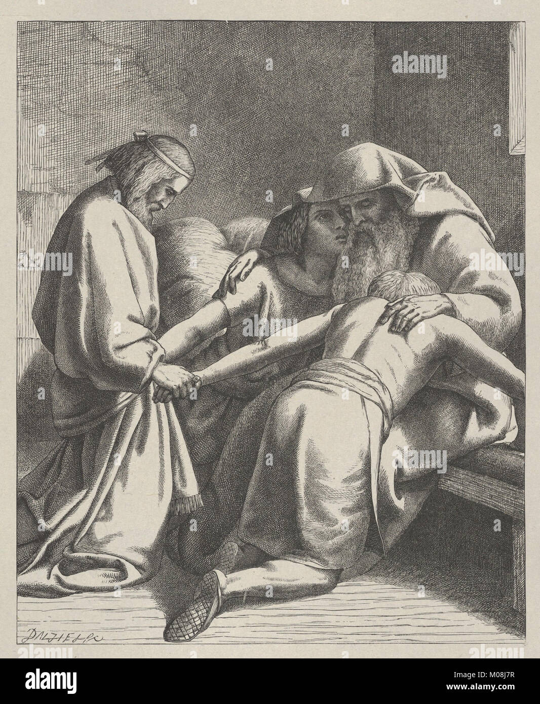 The illustration depicts Jacob blessing Ephraim and Manasseh, capturing ...