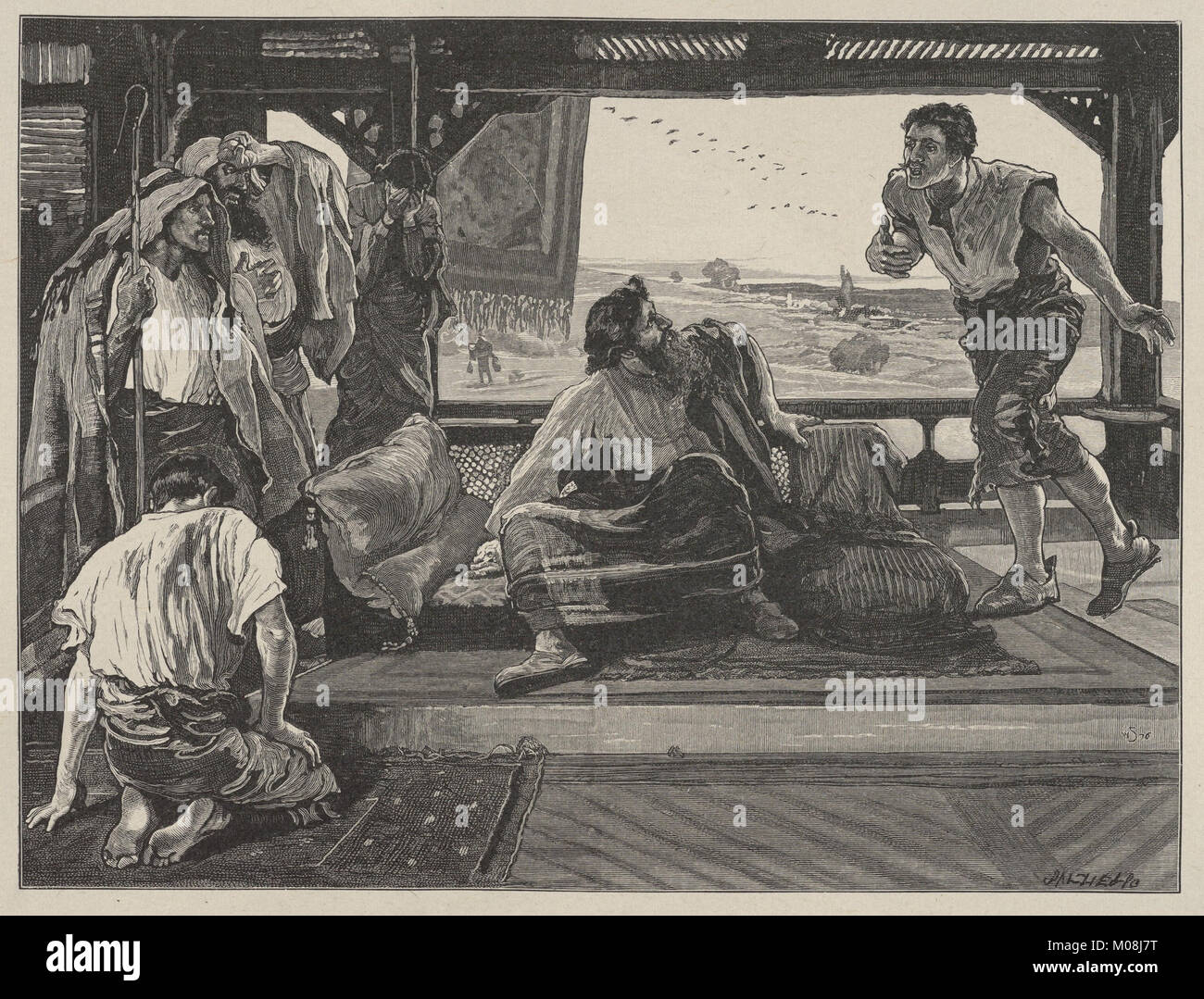 The print shows Job receiving messengers, illustrating communication ...