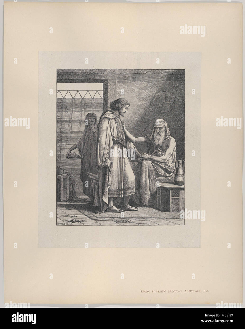 This artwork depicts the biblical scene of Isaac blessing Jacob. It ...