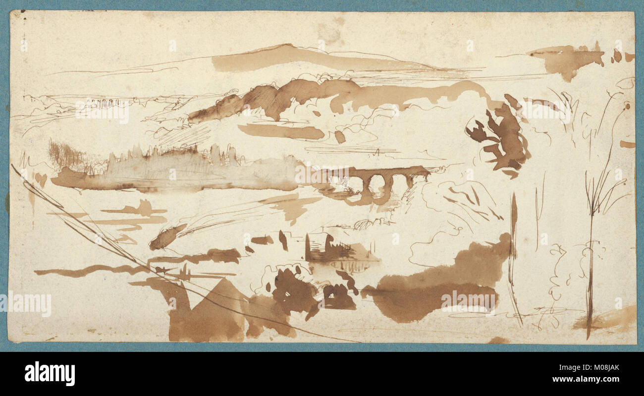 A landscape painting featuring a detailed aqueduct, capturing the ...