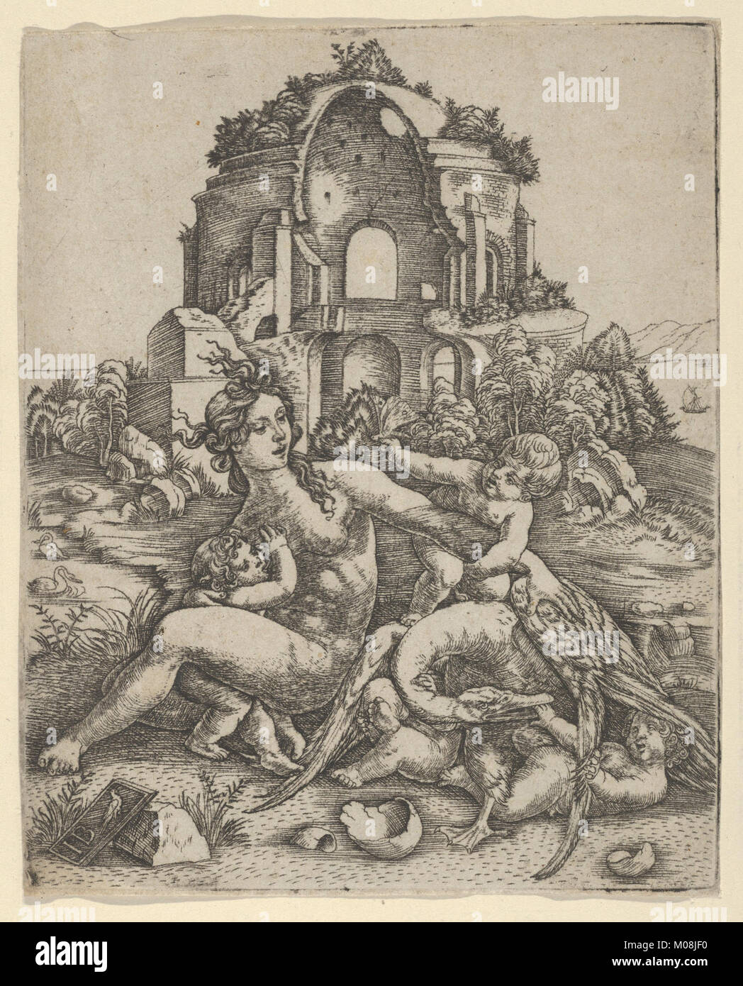 The artwork depicts Leda and her children interacting with a swan, set ...