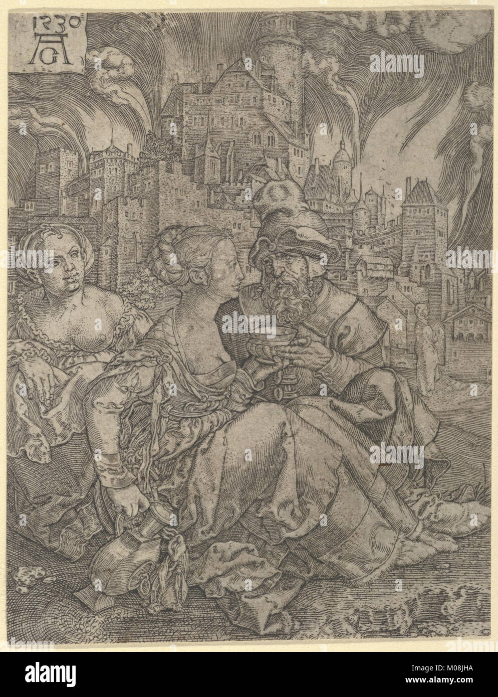 This artwork illustrates the biblical story of Lot and his daughters ...