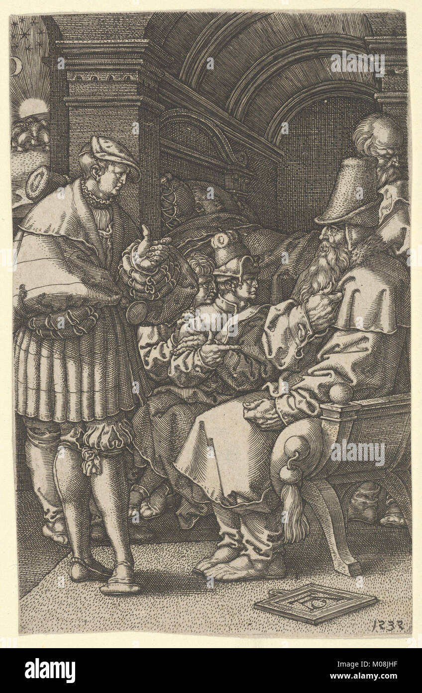 This artwork depicts the biblical scene of Joseph explaining his dreams ...