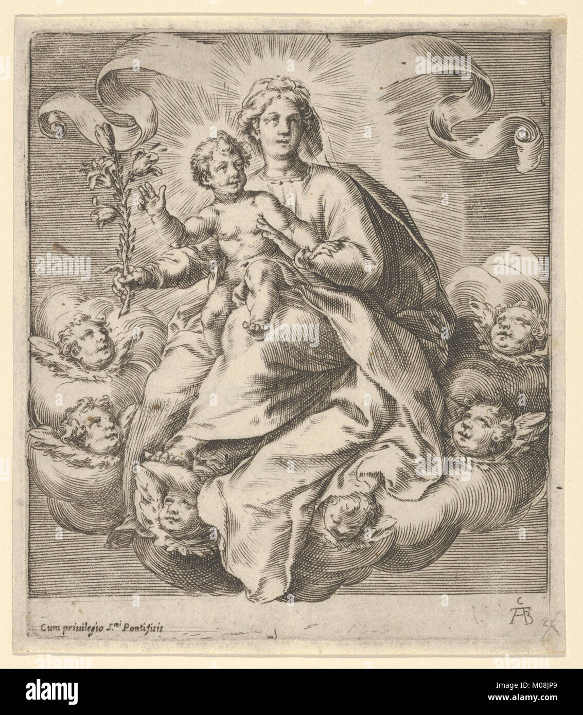 This artwork shows the Madonna holding a lily and the Christ Child ...