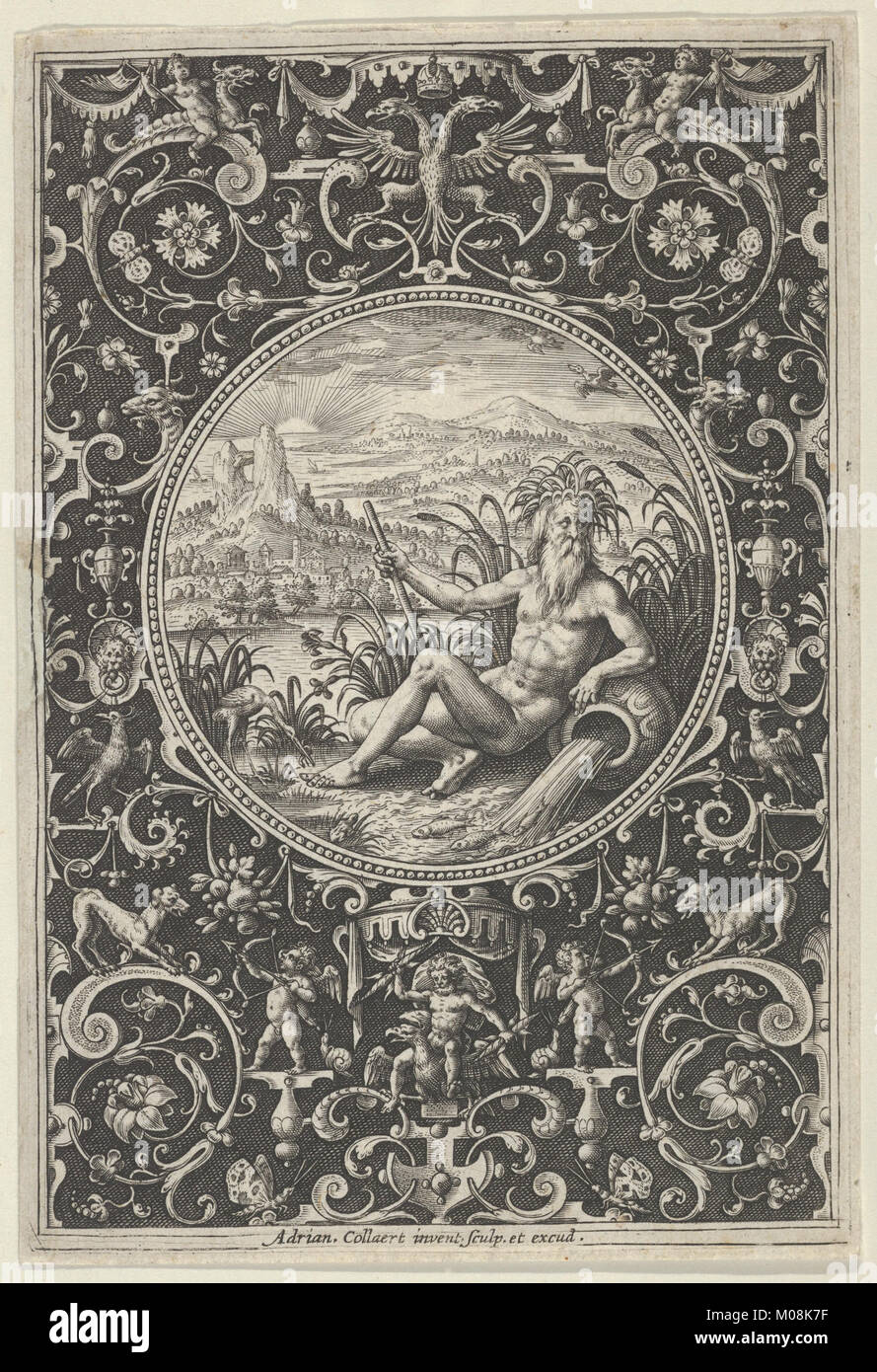 This depiction shows Neptune within a grotesque-decorated frame ...