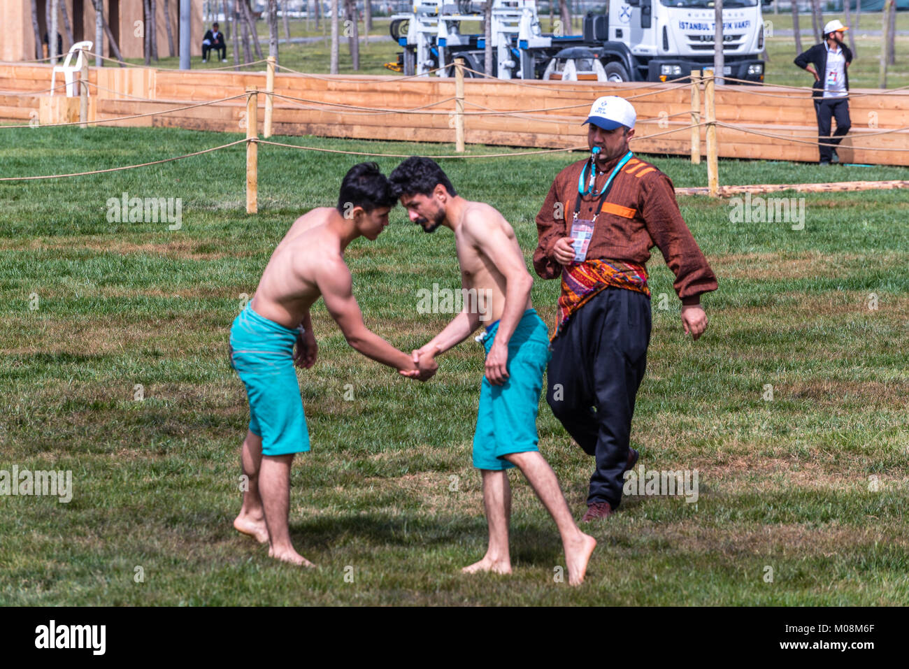 Unidentified people perform shalwar(shalvar or salvar) guresi,(kuroshio ...