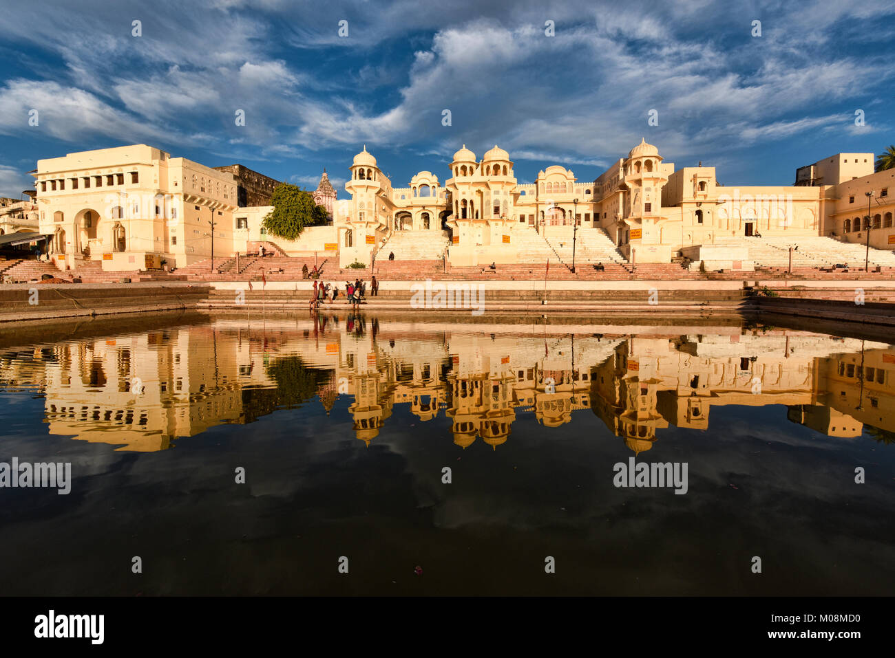 Reflection of Gwalior Ghat at sunset, Pushkar, Rajasthan, India Stock ...